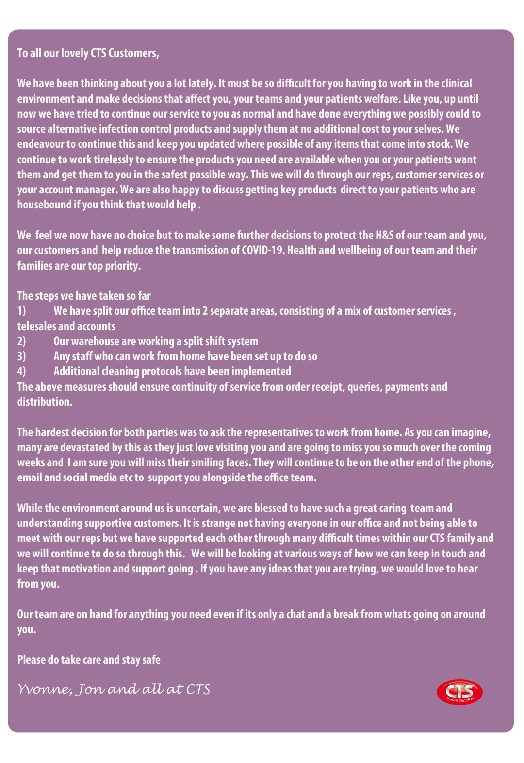 Letter from CTS - CTS Dental Supplies